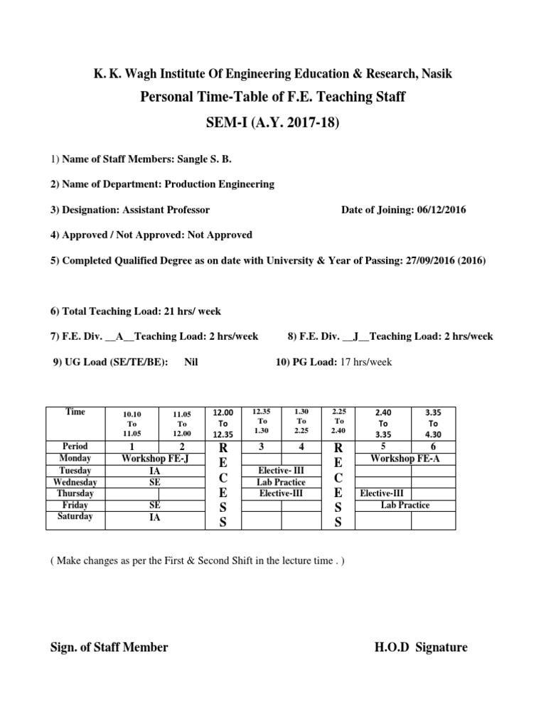 Personal Time Table Sbs | PDF