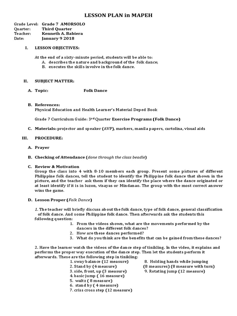 Lesson Plan in Mapeh | PDF | Lesson Plan | Dances