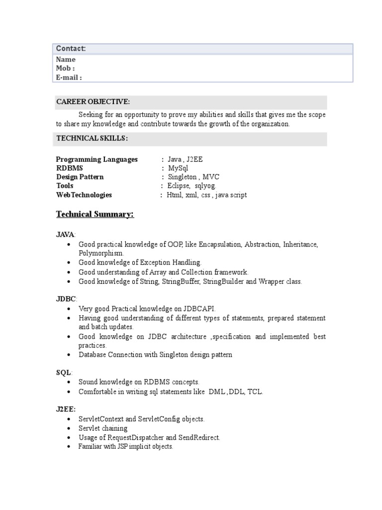 A Resume Highlighting Java, J2EE, SQL, and Banking Application Development Experience | PDF ...