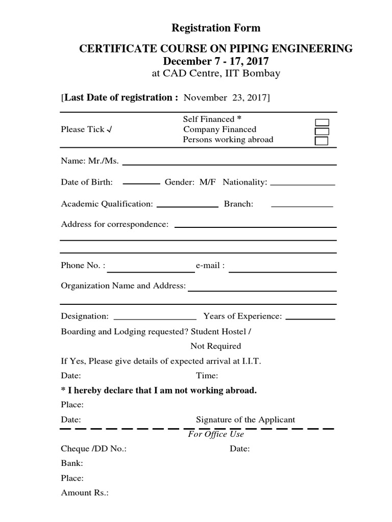 At CAD Centre, IIT Bombay: Registration Form Certificate Course On Piping Engineering December 7 ...
