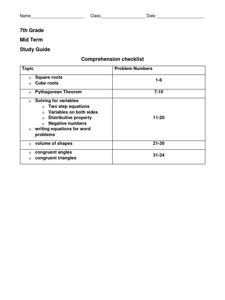 7th Grade Mid Term Study Guide Comprehension Checklist: Topic Problem Numbers 1-6 7-10 | PDF ...