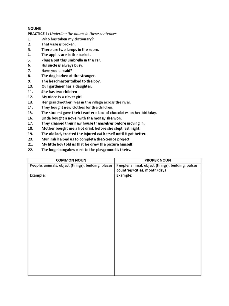 Nouns PRACTICE 1: Underline The Nouns in These Sentences | PDF