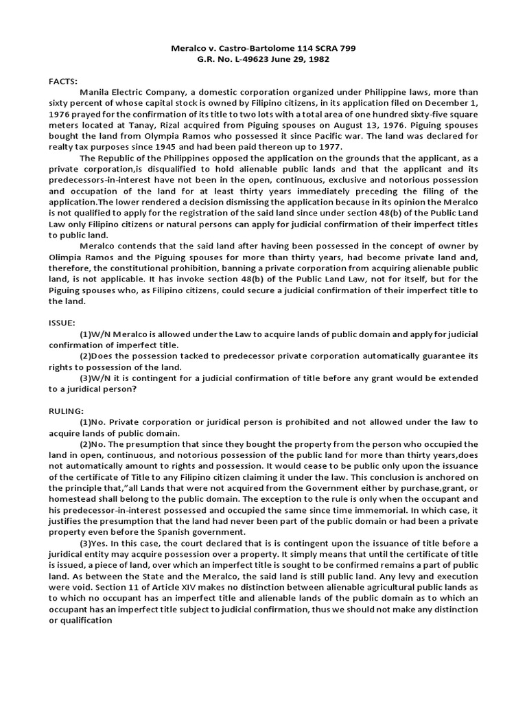 2.meralco v. Castro-Bartolome 114 SCRA 799 | PDF | Adverse Possession | Philippines