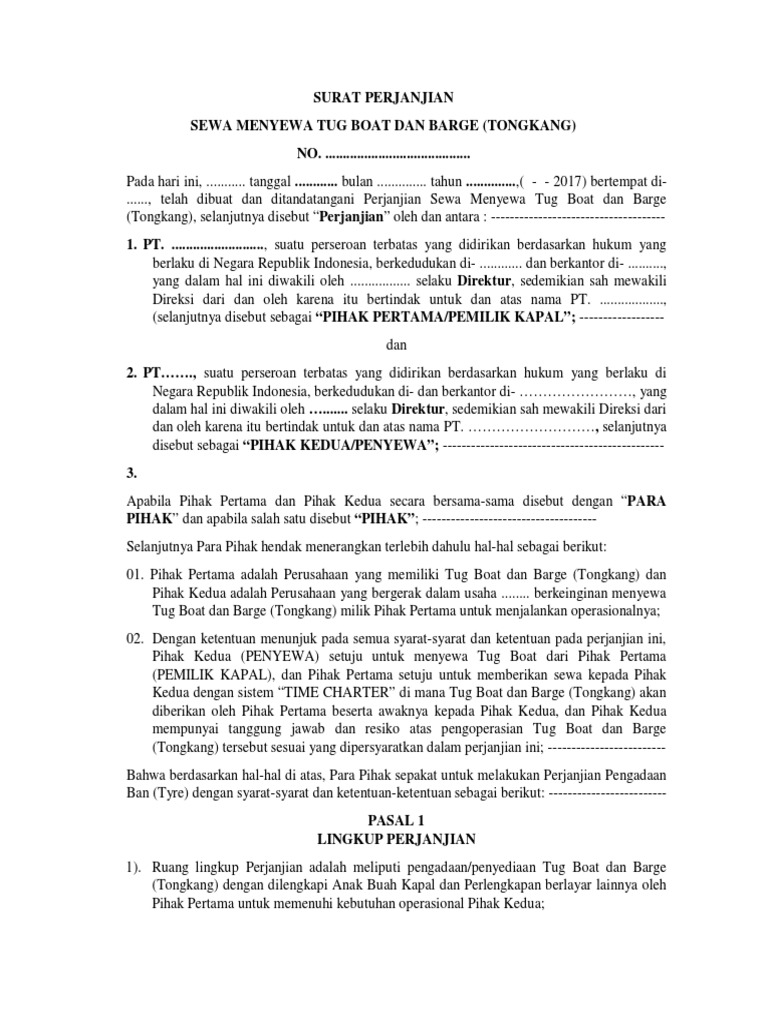 Surat Perjanjian Sewa Menyewa Tug Boat Dan Barge - TC | PDF