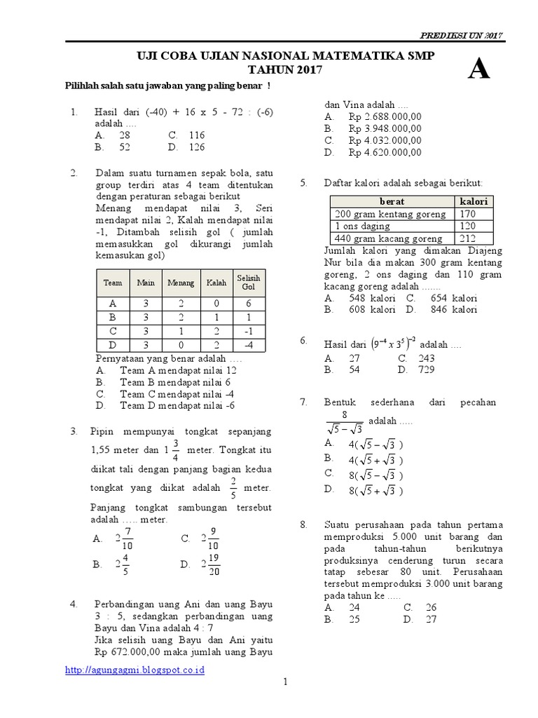 Prediksi Soal UN Matematika SMP 2017 | PDF