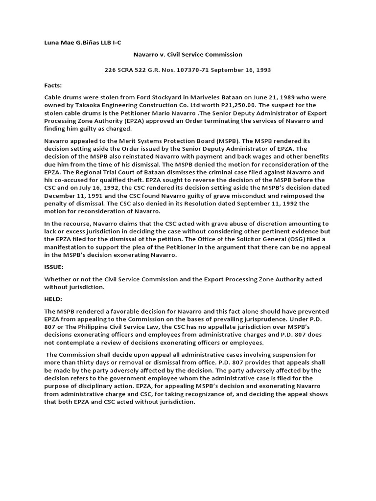 17navaroo v. CSC 226 Scra 522 | PDF | Appeal | United States Law