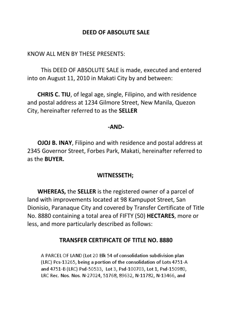 Deed of Absolute Sale | Land Law | Property Law