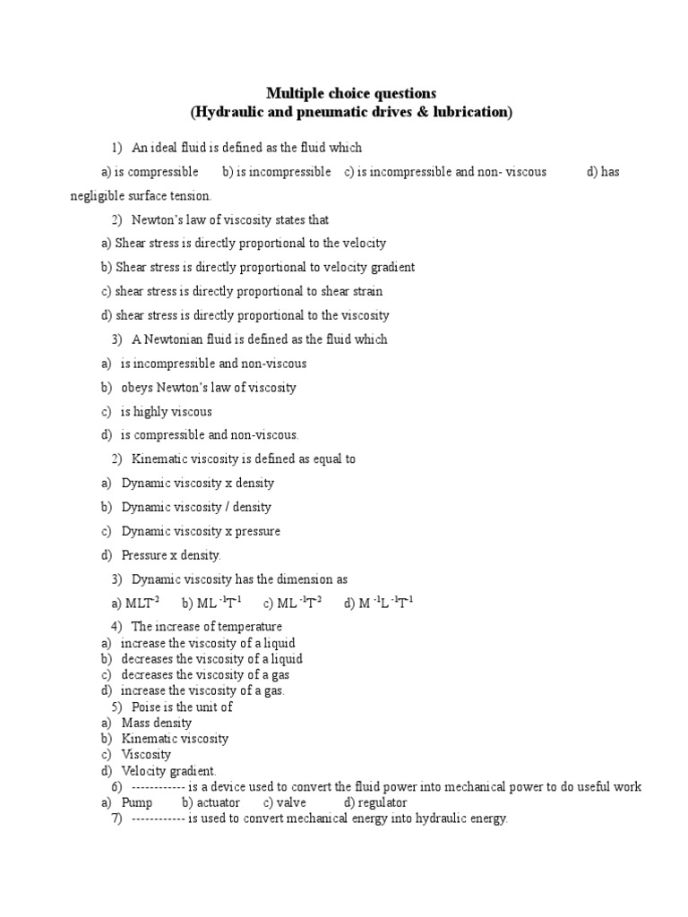 Multiple Choice Questions (Hydraulic and Pneumatic Drives & Lubrication ...