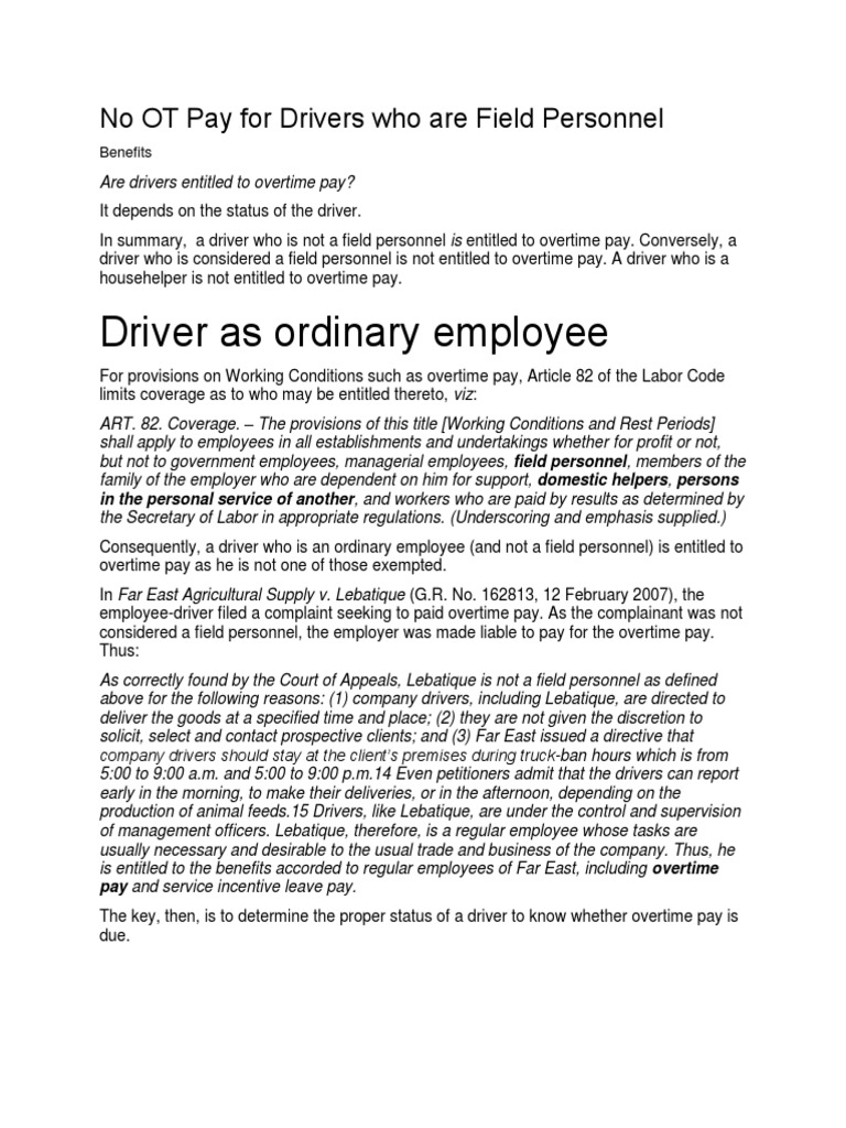 Driver As Ordinary Employee: No OT Pay For Drivers Who Are Field ...