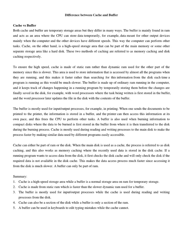 Difference Between Cache and Buffer | PDF | Data Buffer | Cache (Computing)
