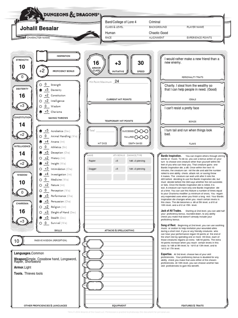 DnD Character Sheet Bard College of Lore Games & Puzzles Role Playing ...