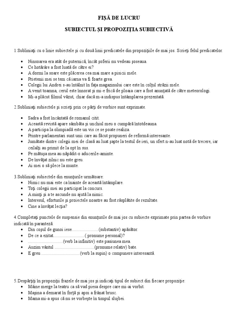 Fisa de Lucru Subiectul Si Propozitia Su | PDF