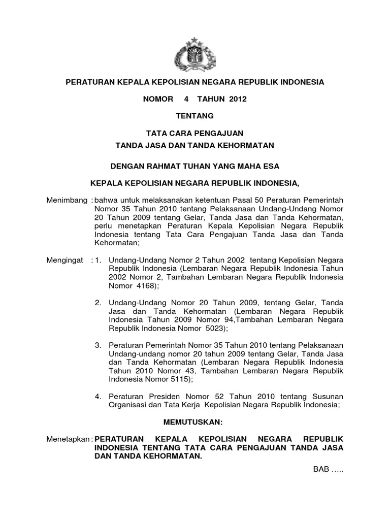 Perkap No 4 Tahun 2012 | PDF