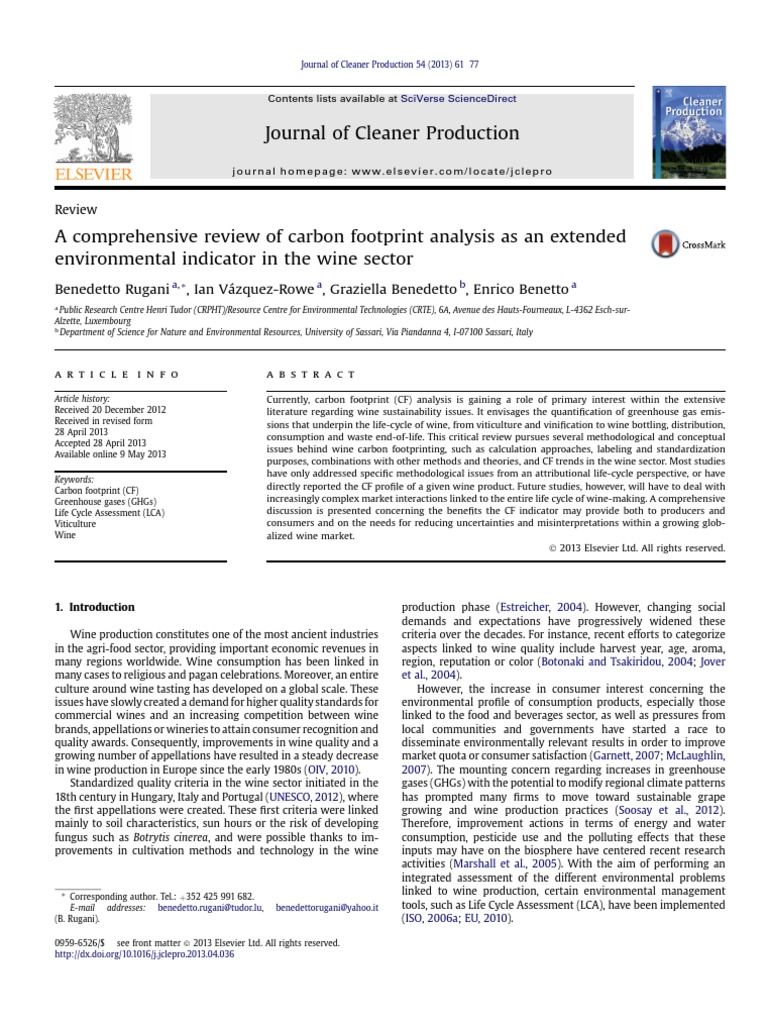 Journal of Cleaner Production: Benedetto Rugani, Ian Vázquez-Rowe ...