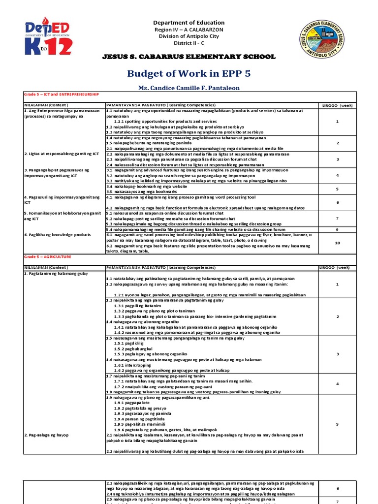 Budget of Work Epp5 - Complete | PDF