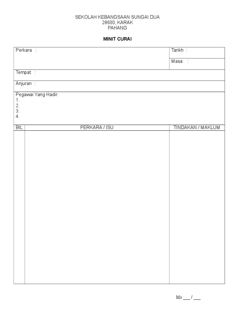Borang Minit Curai Kosong (SKSD) | PDF