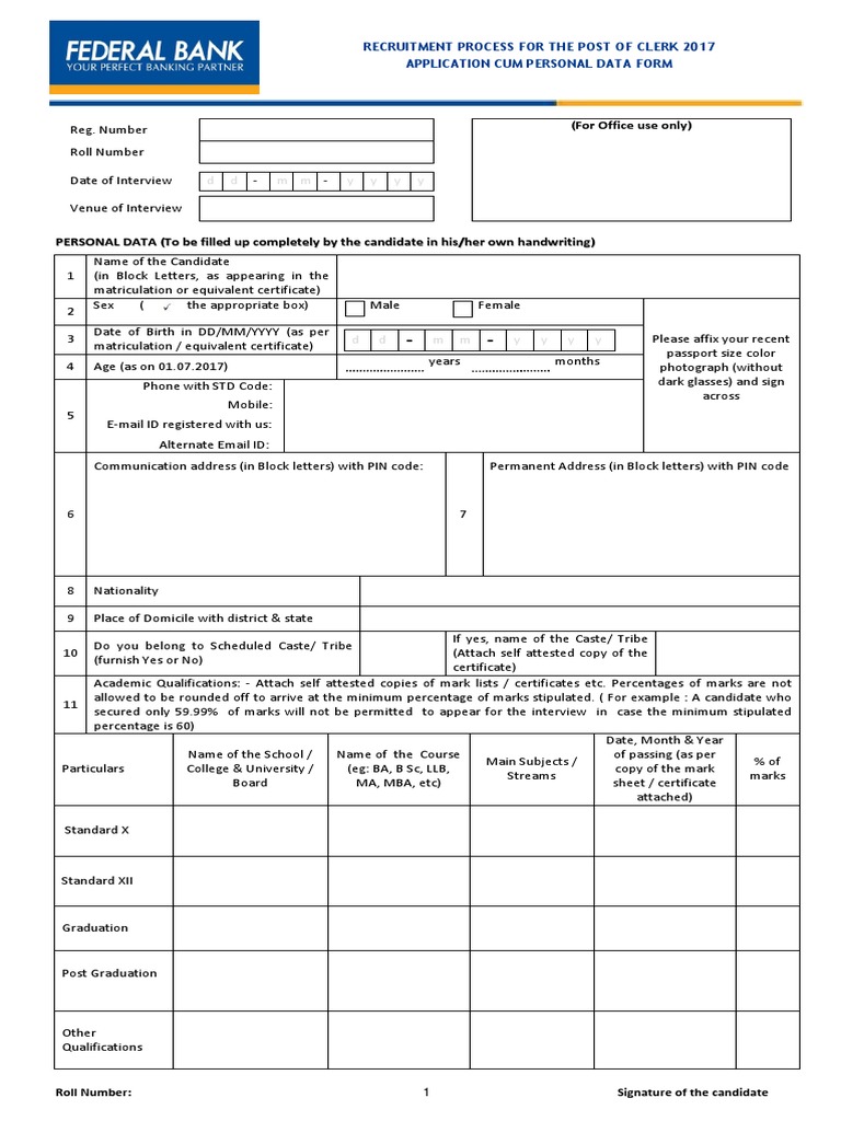 Application Cum Personal Data Form For Federal Bank Clerks | PDF ...