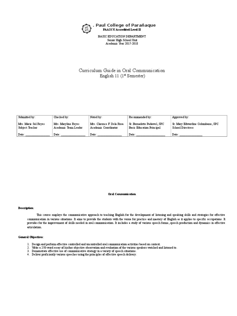Curriculum Guide in Oral Communication - 2017-2018 | PDF | Stress ...