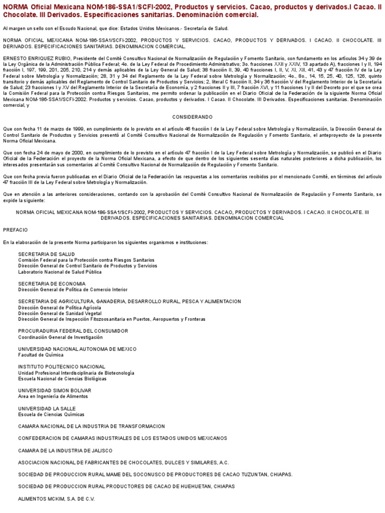 Nom-186-Ssa1 Scfi-2002 | PDF | Sólidos de cacao | Alimentos