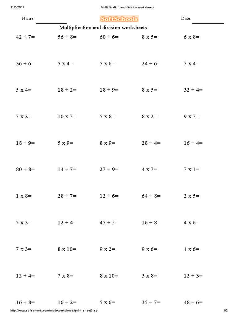 Multiplication and Division Worksheets: Name: Date | PDF | Teaching ...