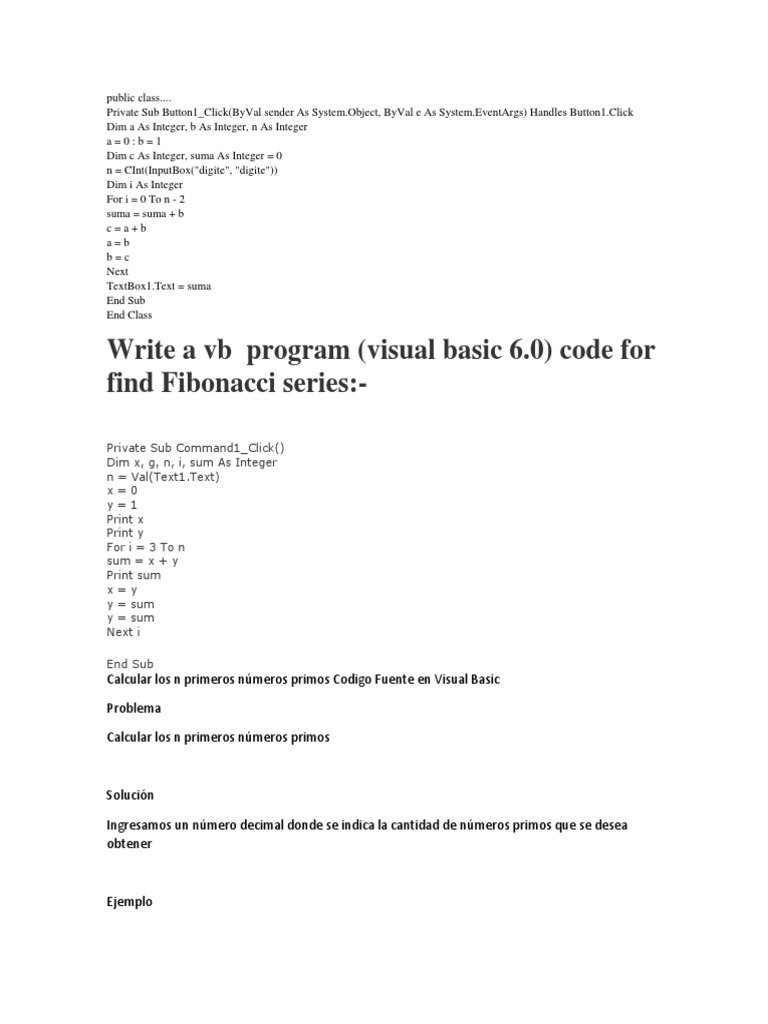 Write A VB Program (Visual Basic 6.0) Code For Find Fibonacci Series | PDF