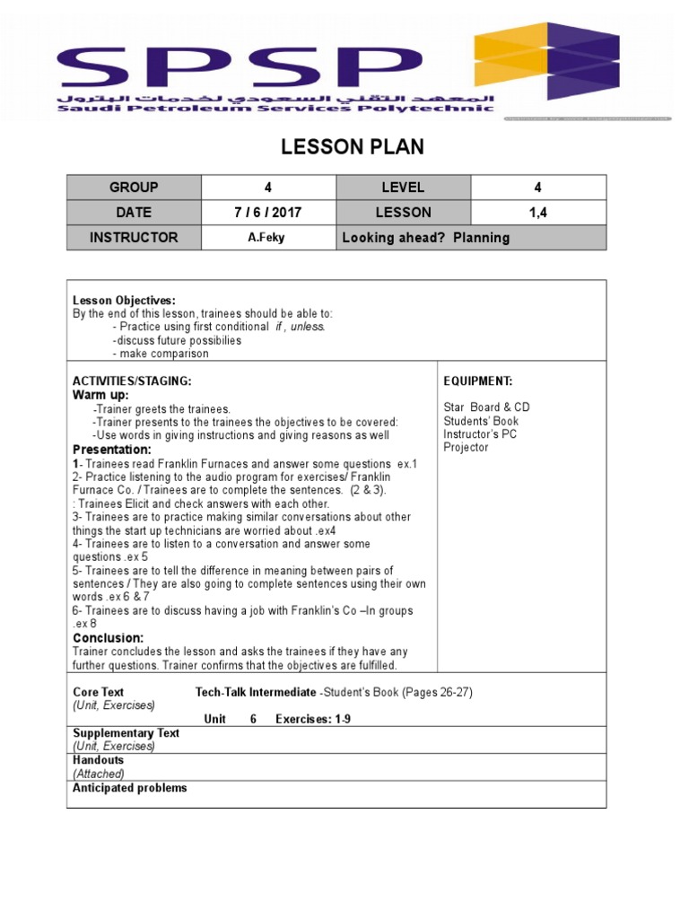 Lesson Plan for First Conditional Practice | PDF | Career & Growth ...