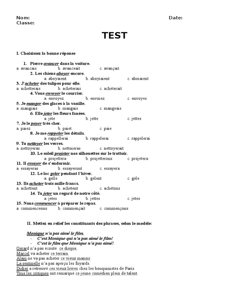 Test de conjugaison et mise en relief | PDF | Arts du langage et ...