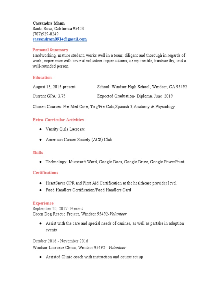 Personal Summary: Cassandra Mann | PDF