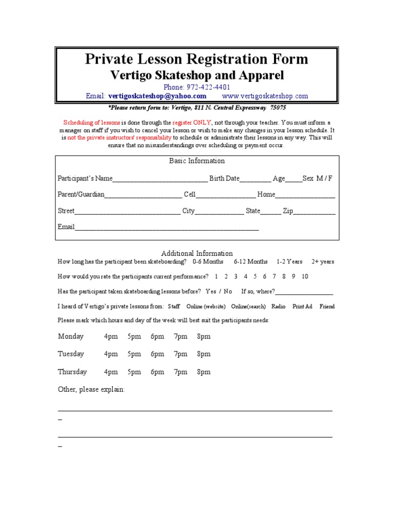 Vertigo Skateshop Private Lesson Form | PDF | Government | Business