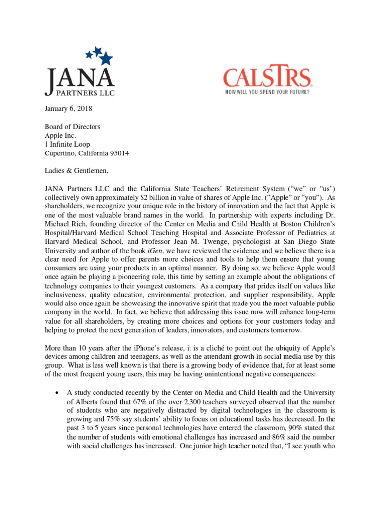 Letter From JANA Partners and CalSTRS To Apple Inc. Board | PDF ...