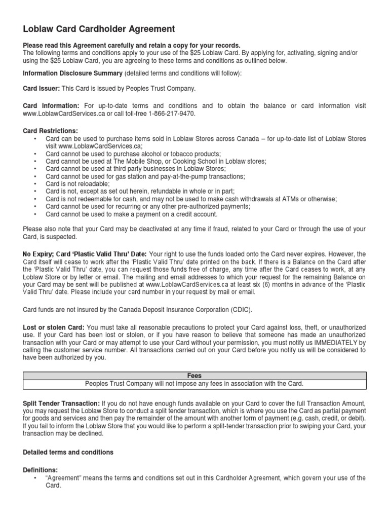 Cardholder Agreement | Financial Transaction | Stored Value Card