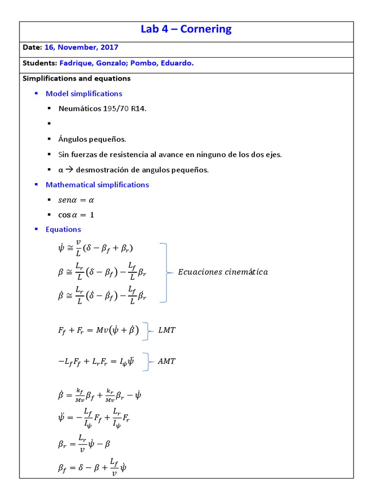 Cornering Dynamics Lab Analysis | PDF