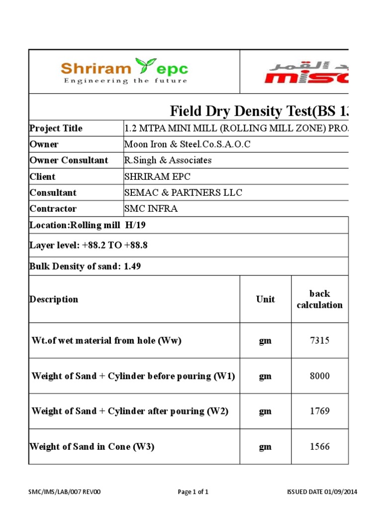 Field Dry Density Test (BS 1377-9:90/ASTM D1556) | PDF