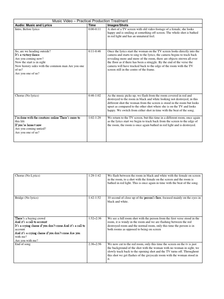 Music Video Production Treatment Guide | PDF | Song Structure | Singles