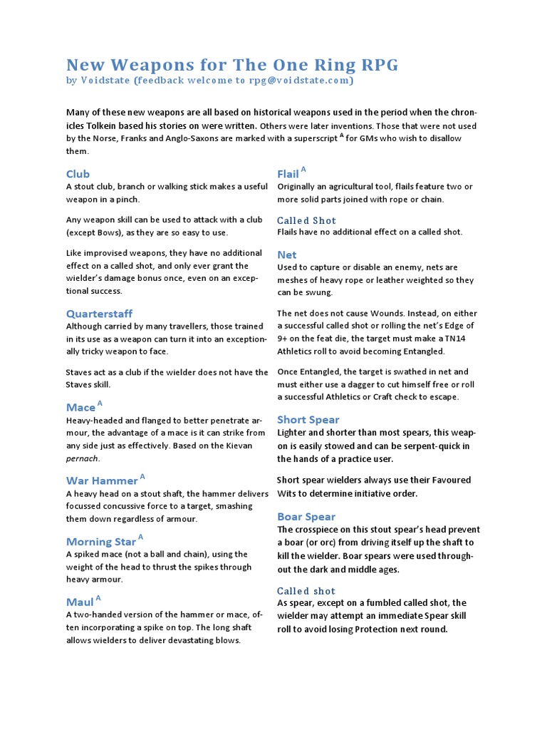 The One Ring - Rules - Weapons PDF | PDF | Spear | Shield