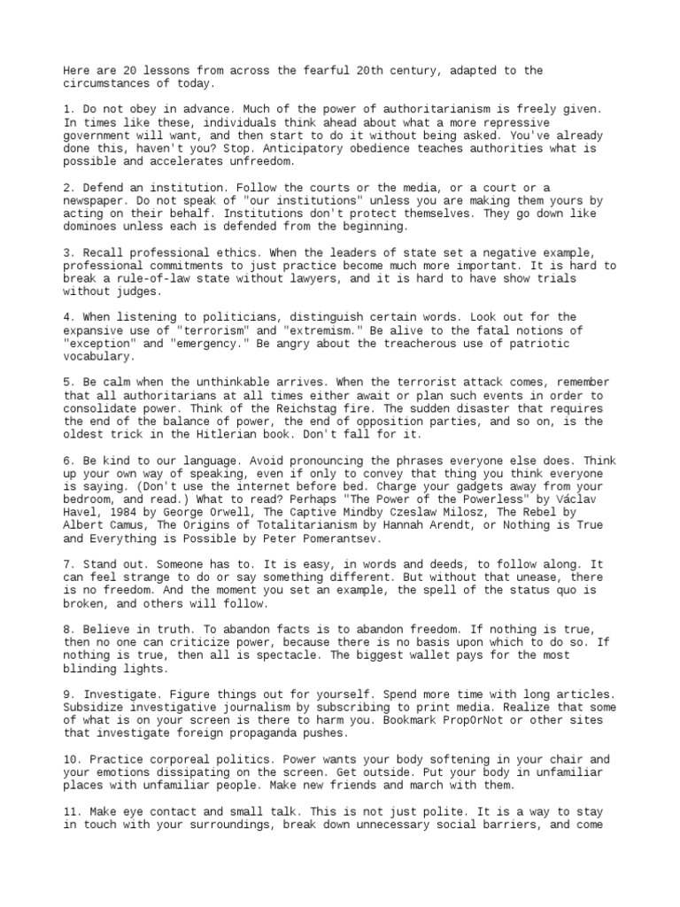 20 Lessons From Across The Fearful 20th Century - T-Snyder | PDF ...