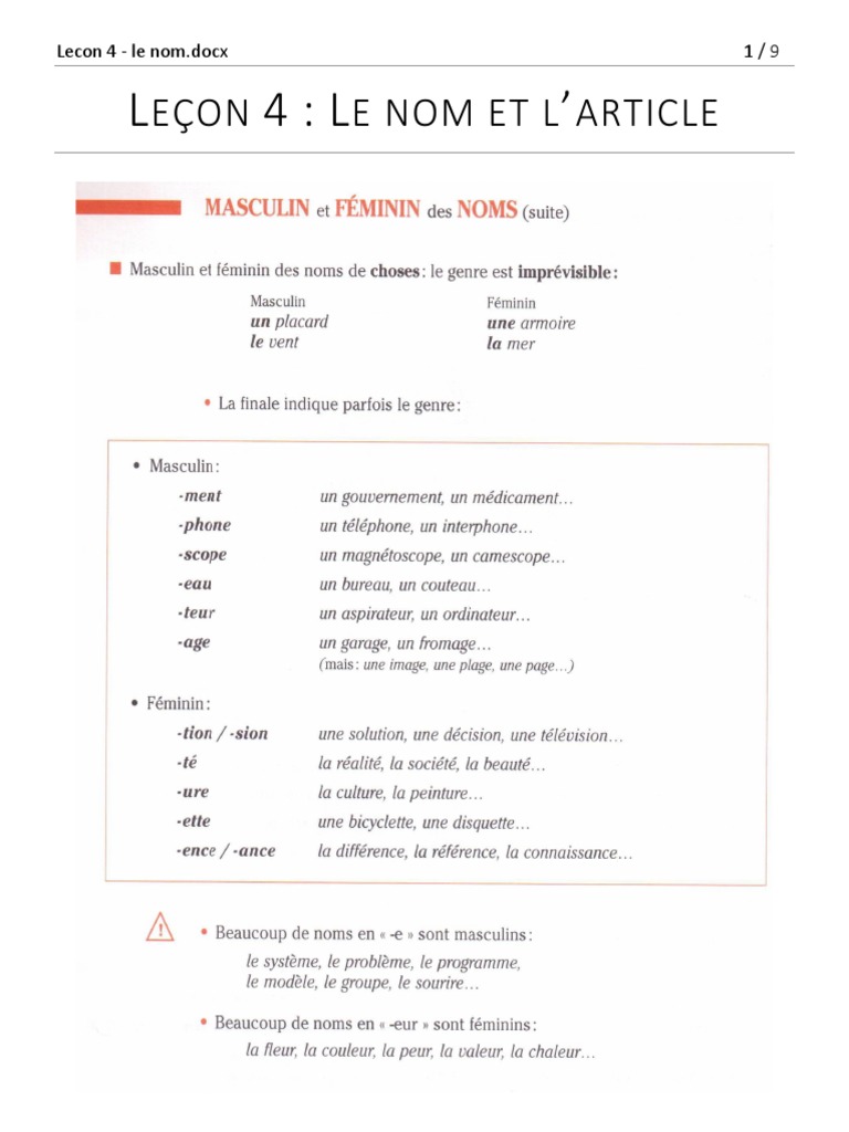 Leçon 4 : Le Nom et l'Article | PDF