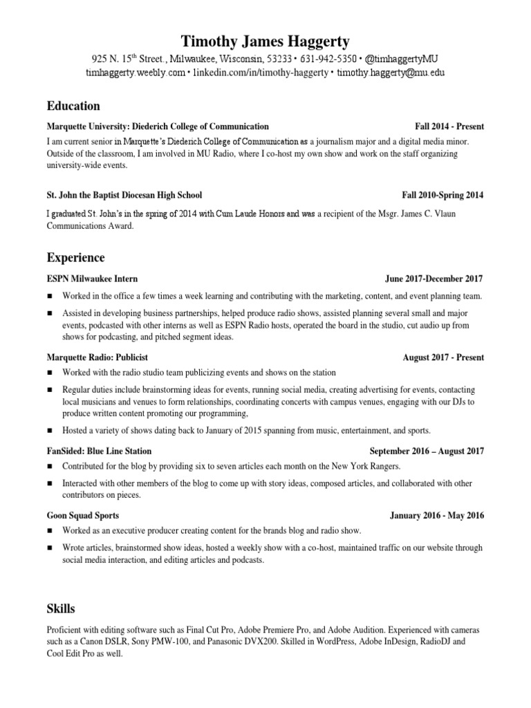 Timothy Haggerty's Resume | PDF | Podcast | Mass Media