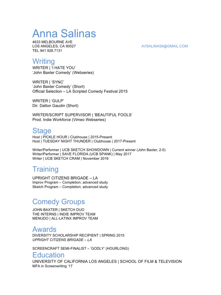Anna Salinas Comedy Writing Resume | PDF | Art | Sports & Recreation