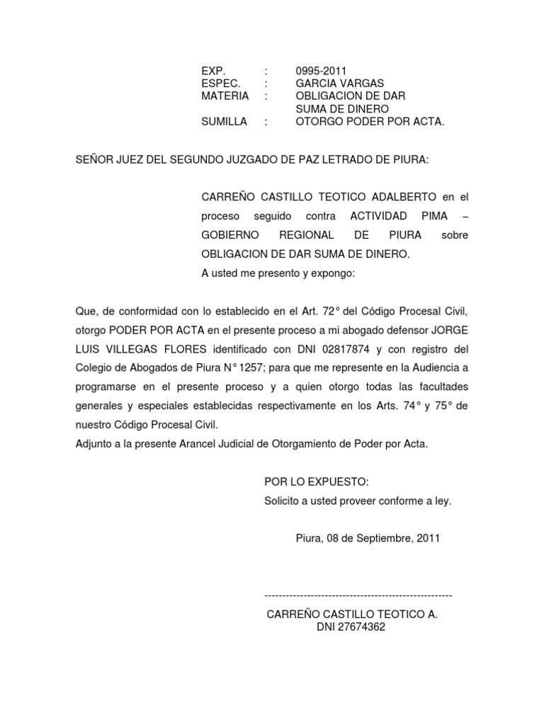 modelo de escrito que otorga poder por acta