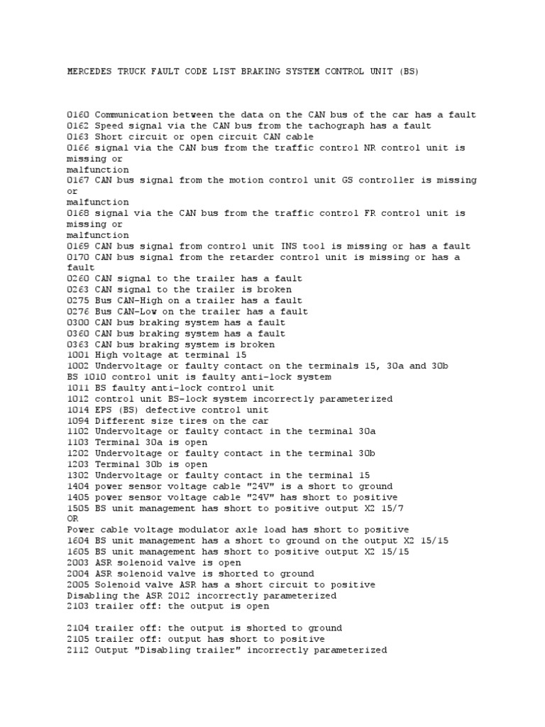 Mercedes Actros Atego Axor Fault Codes List 2 | Relay | Brake