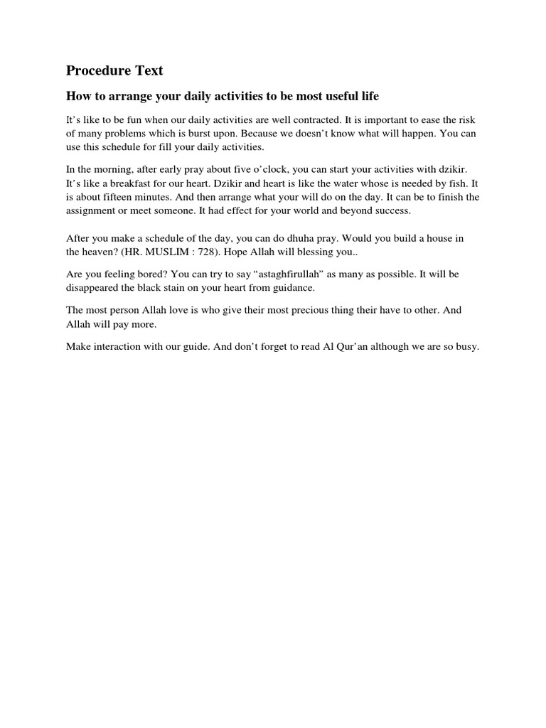 Procedure Text: How To Arrange Your Daily Activities To Be Most Useful ...