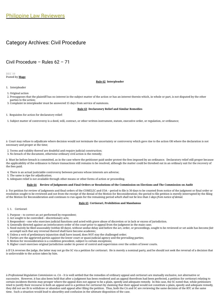 Civil Procedure - Philippine Law Reviewers | PDF | Pleading | Judgment ...