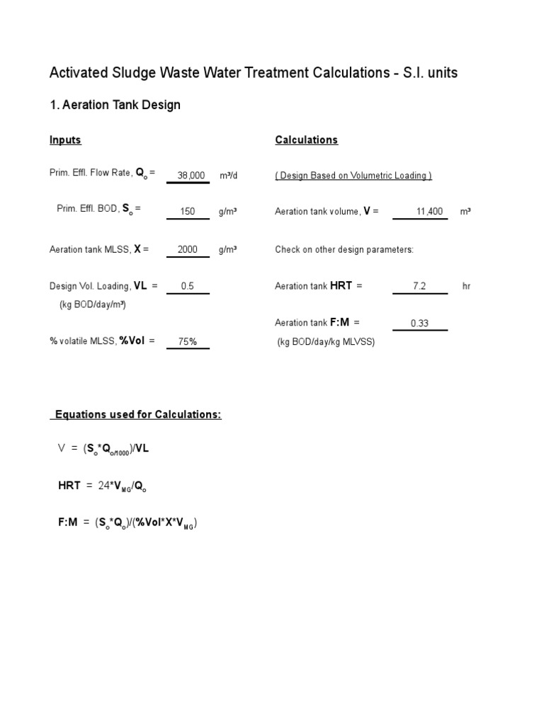 Activated Sludge Waste Water Treatment Calculations - S.I. Units | PDF