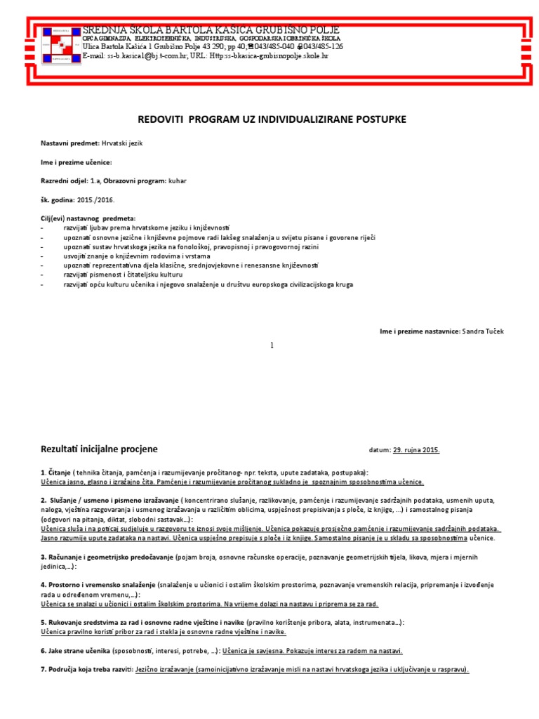 Hrvatski Jezik, Individualizirani Program Laura Bjelajac | PDF