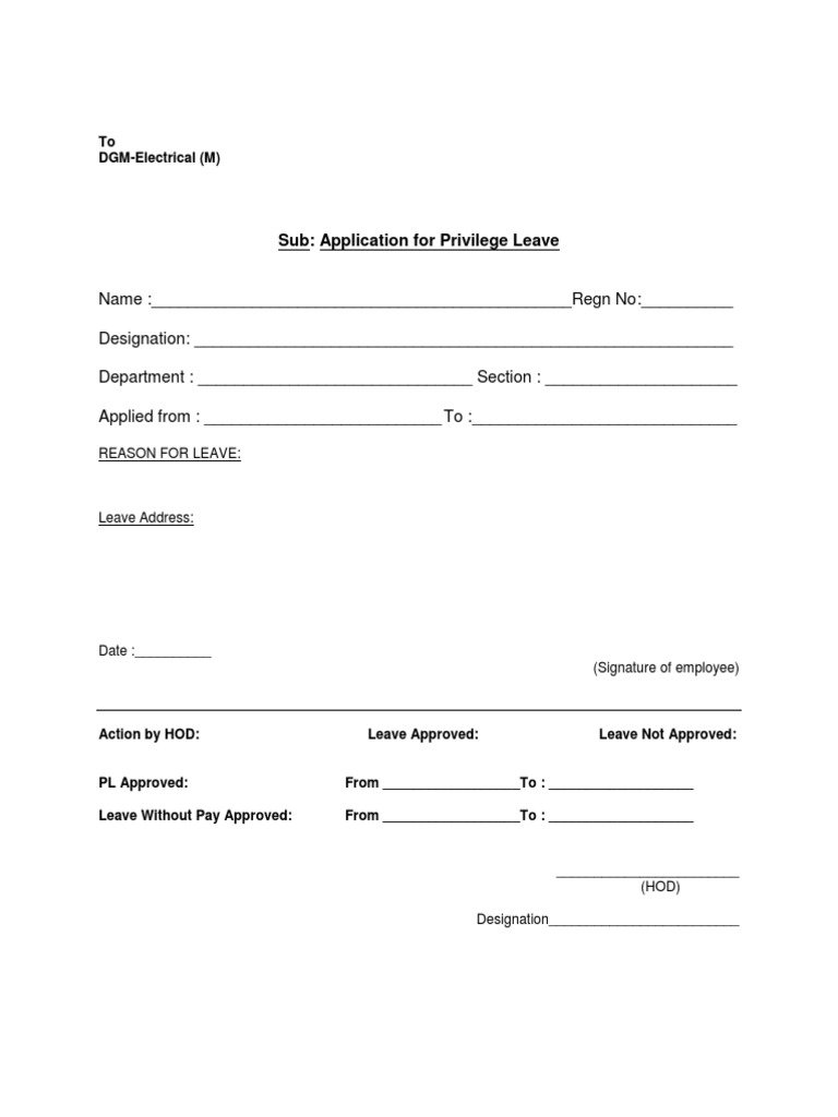 Sub: Application For Privilege Leave: To DGM-Electrical (M) | PDF