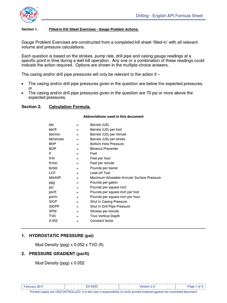 EX-0035 Drilling - English API Formula Sheet TH | PDF | Casing (Borehole) | Barrel (Unit)