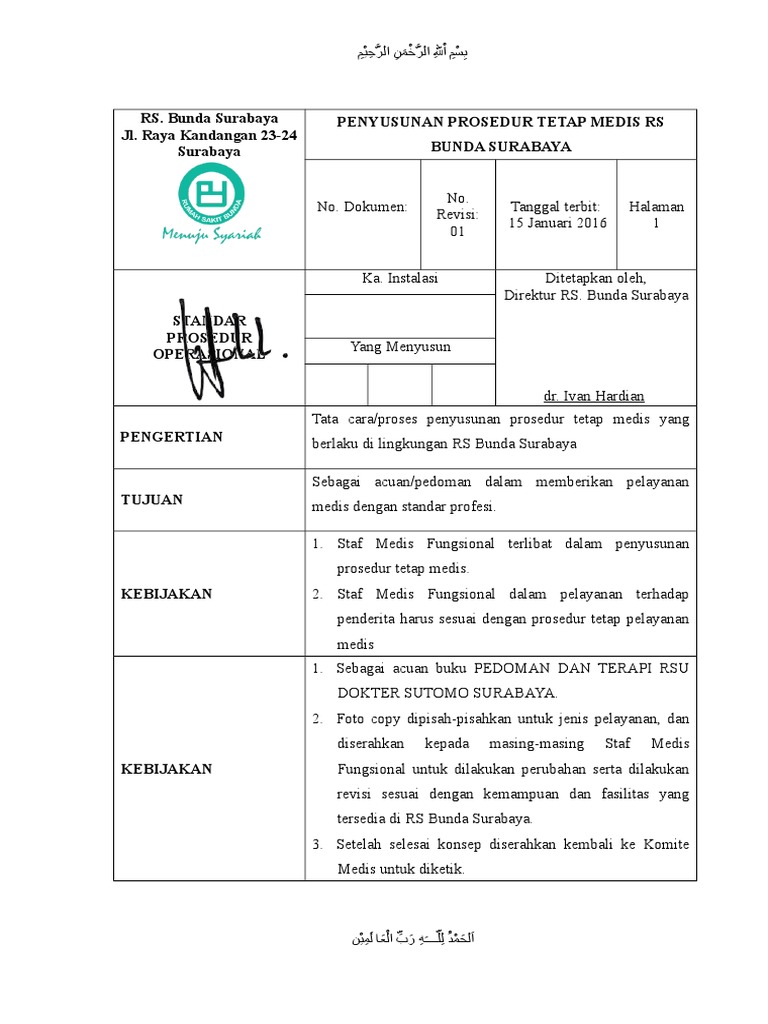 Sop Penyusunan Prosedur Tetap Medis Rs Bunda Surabaya | PDF