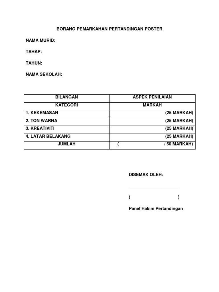 Borang Pemarkahan Pertandingan Poster | PDF | Teknologi & Rekayasa