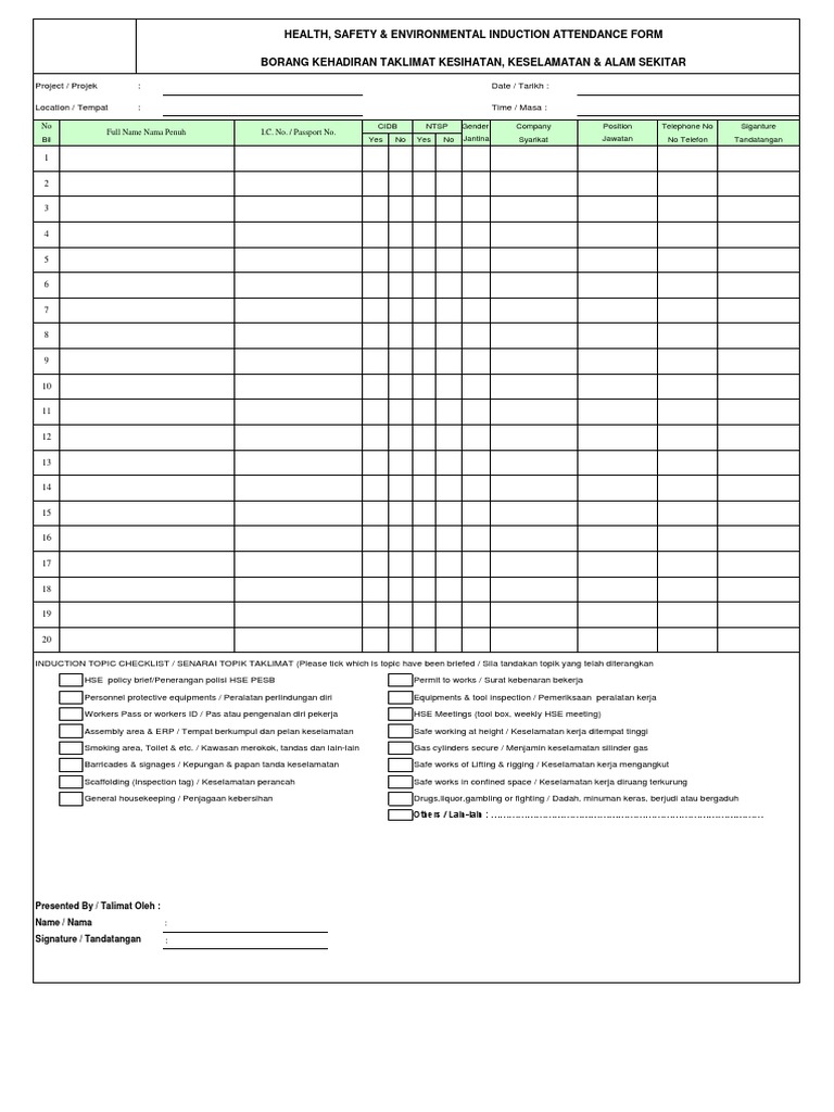 Safety Induction Attendance Form Sample | PDF